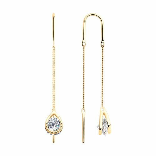 Серьги цепочки, серебро, 925 проба, золочение, фианит