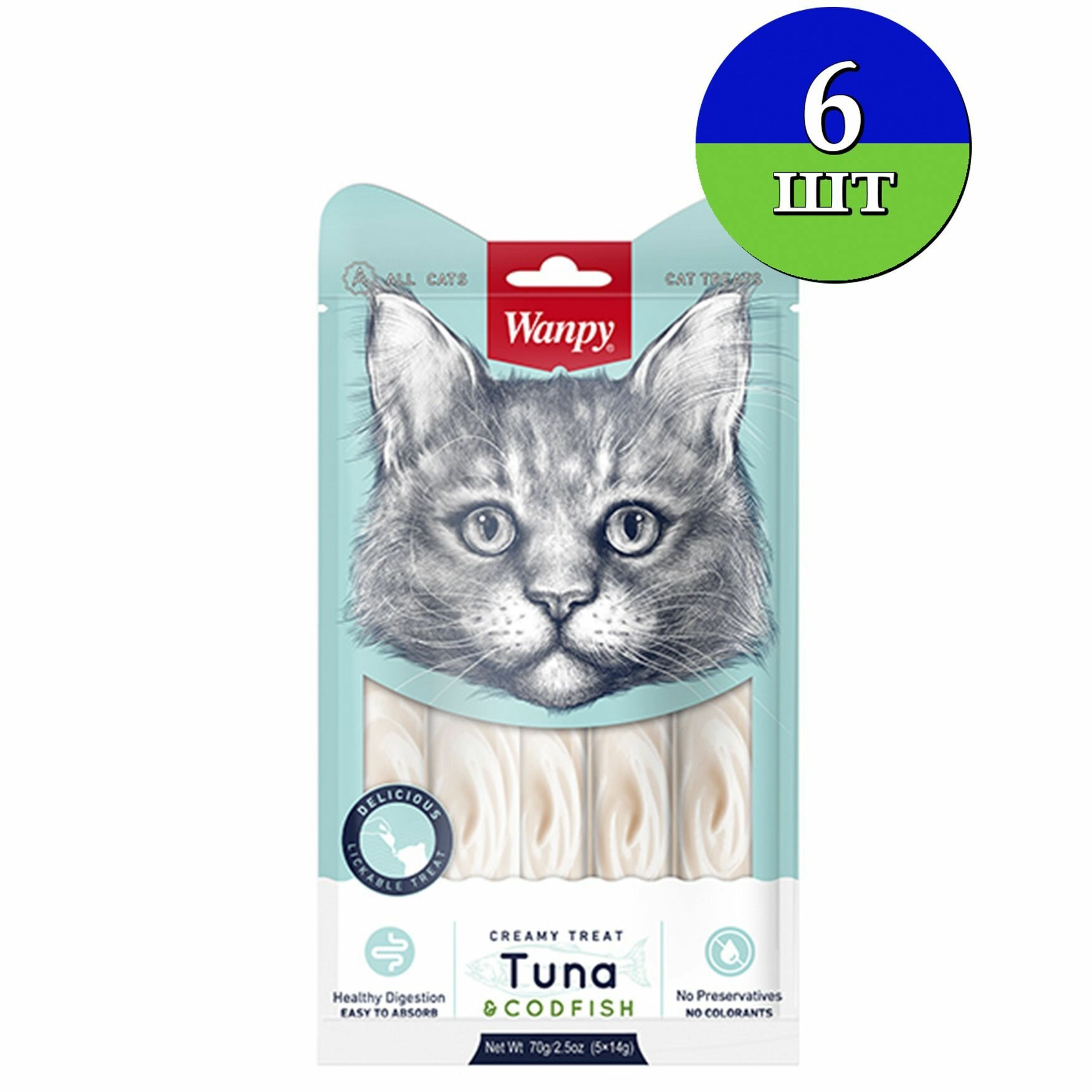 Лакомство для кошек Wanpy Нежное пюре из тунца и трески, 420 гр (70 гр х 6 шт)
