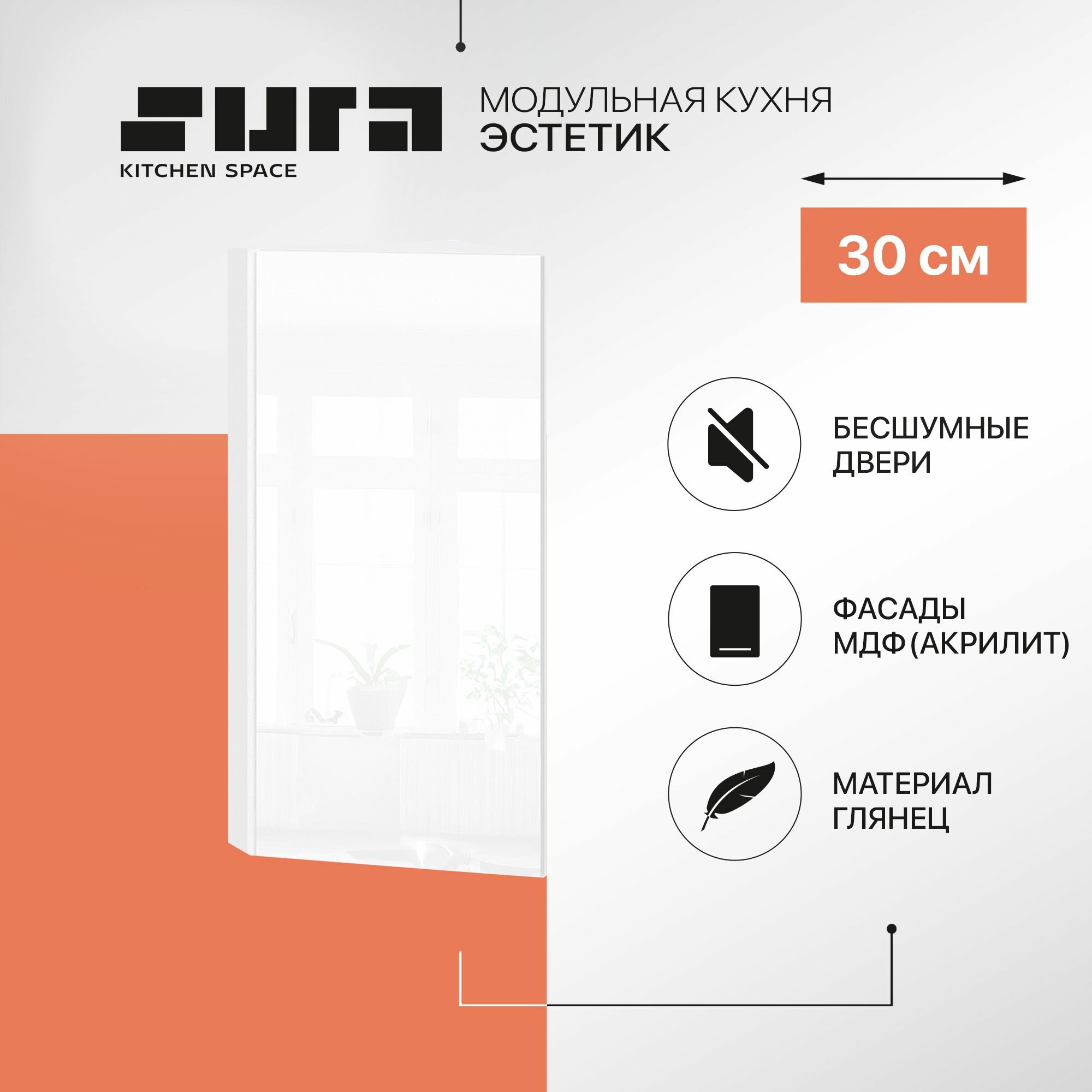 Кухонный модуль навесной, 30х72х32, Эстетик, белый, 1 дверца, Сурская мебель, шкаф