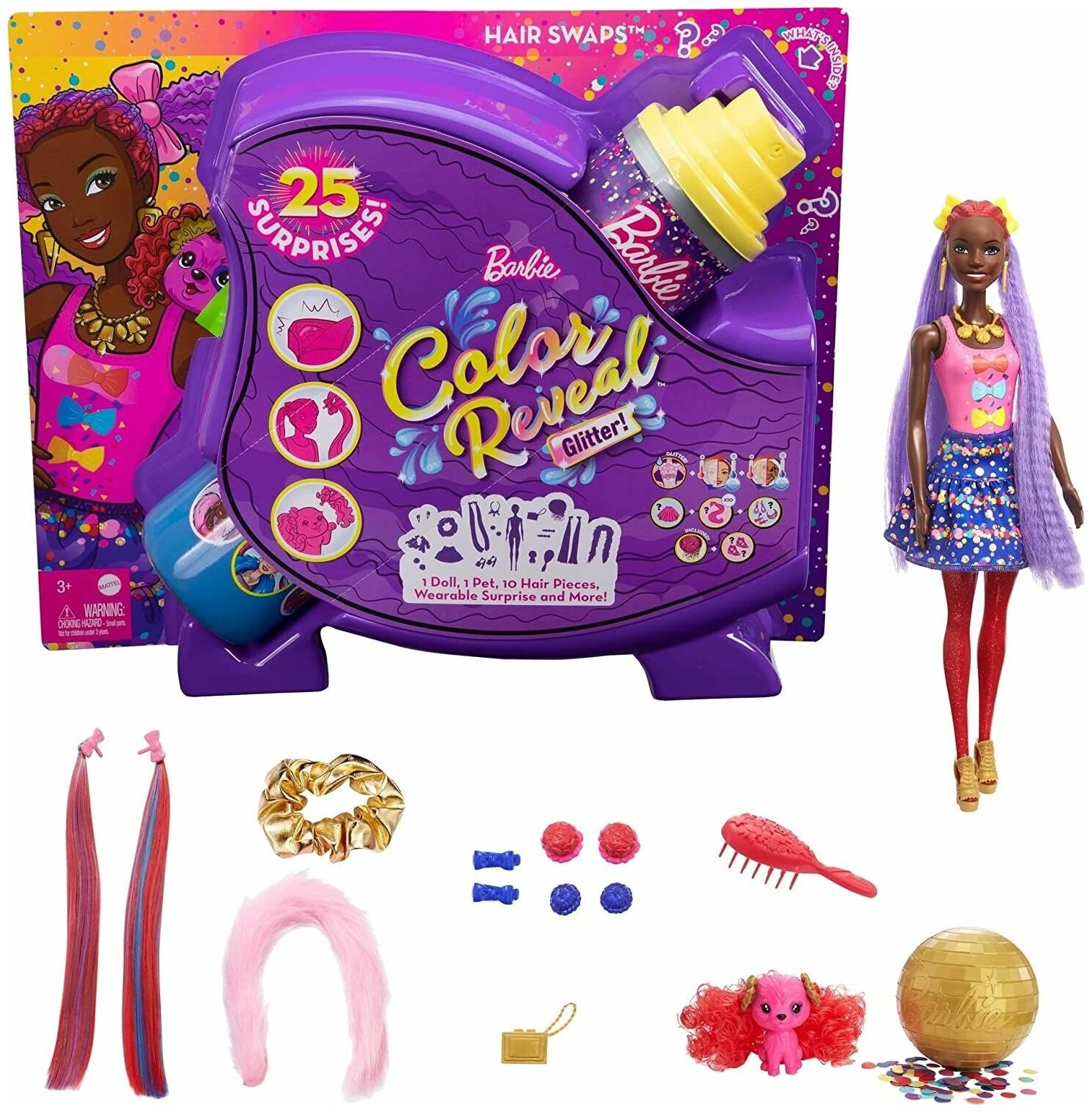 Набор Barbie Кукла Сюрприз из серии Блеск: Сменные прически в непрозрачной упаковке HBG38 красные волосы синяя юбка