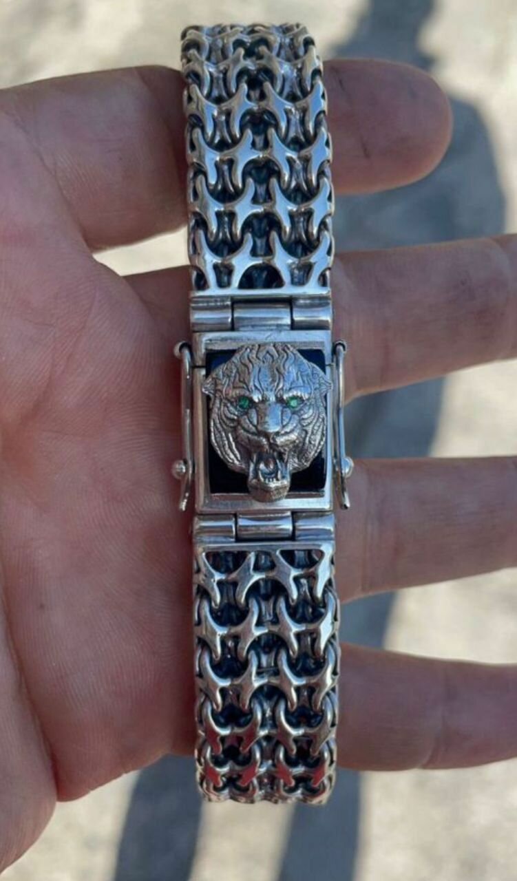 Браслет, серебро, 925 проба, обсидиан, фианит