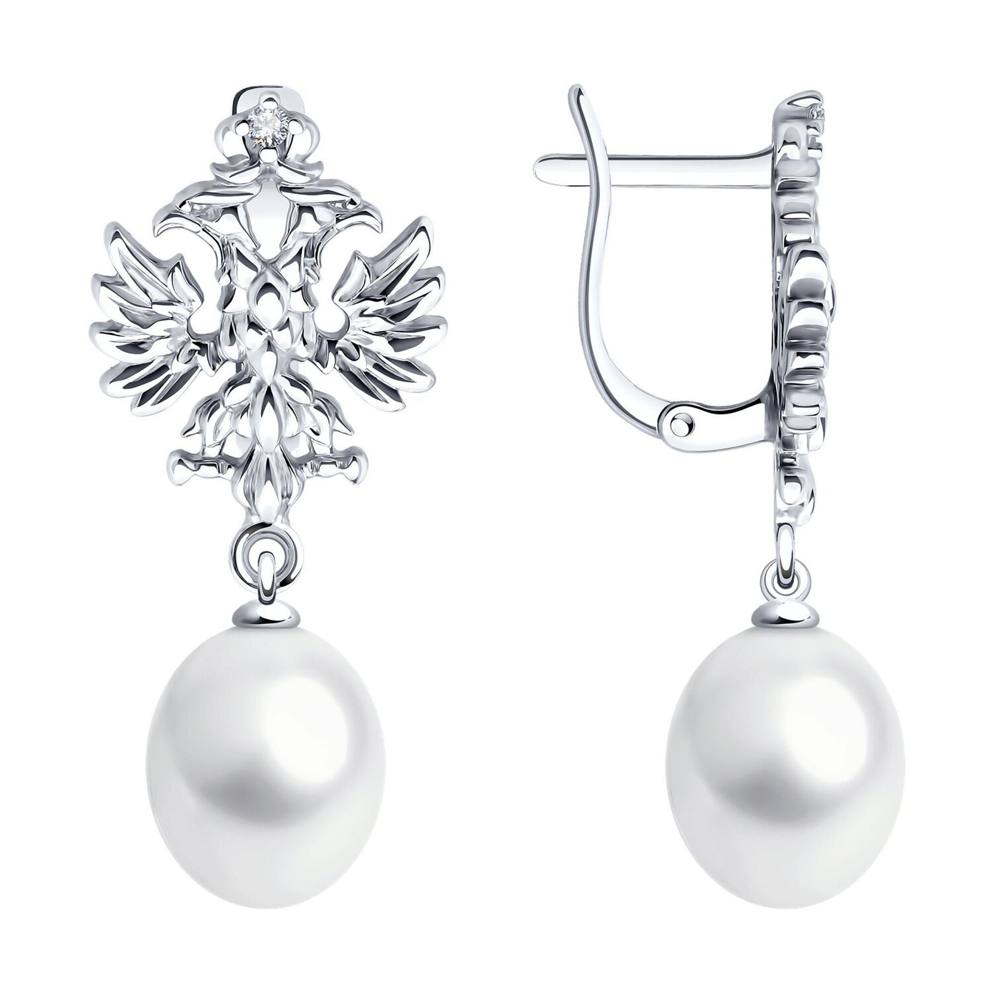 Серьги, серебро, 925 проба, родирование, фианит, жемчуг