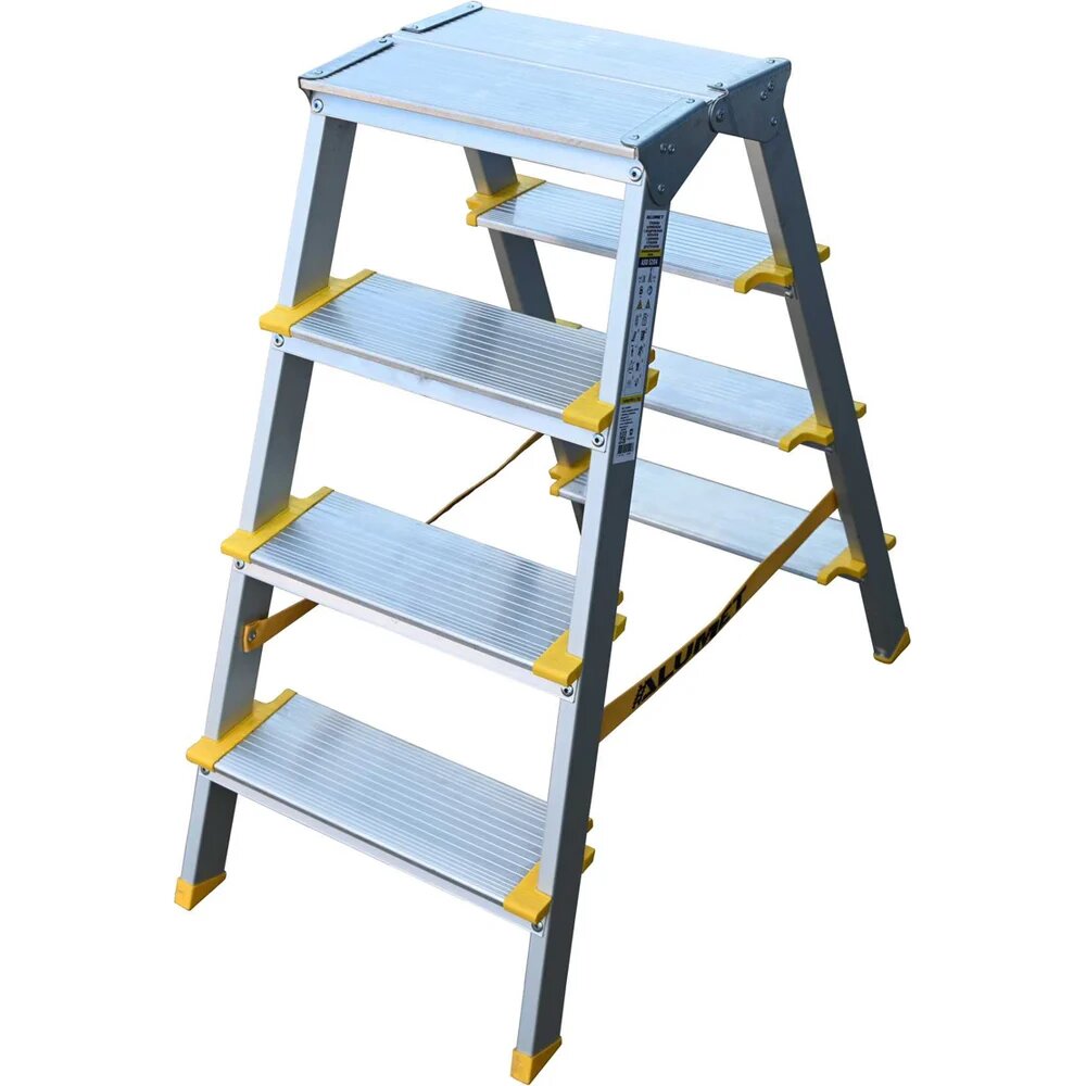 Cтремянка Алюмет алюминиевая двухсторонняя с анодированным покрытием с широкими ступенями 2х4 ступеней. Серия ASD, 5 мм,