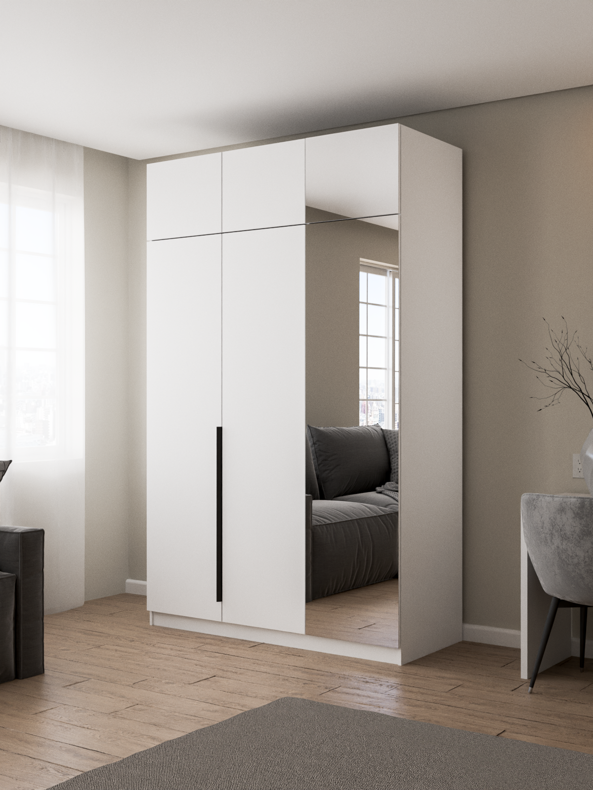 Шкаф распашной Сальвадор с ящиками и зеркалом | ЛДСП Белый | Ручка торцевая черная