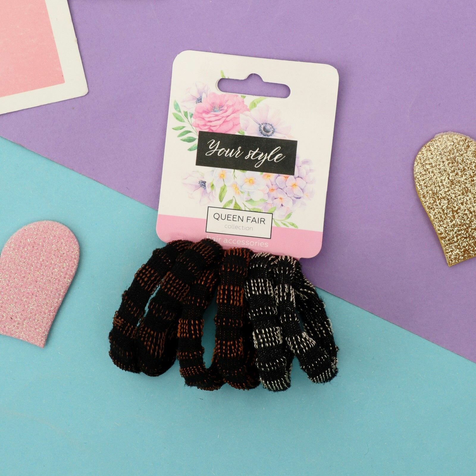 Резинка для волос "Спорт петельки" (2 набора по 6 шт) 3,5 см, чёрно-золотой