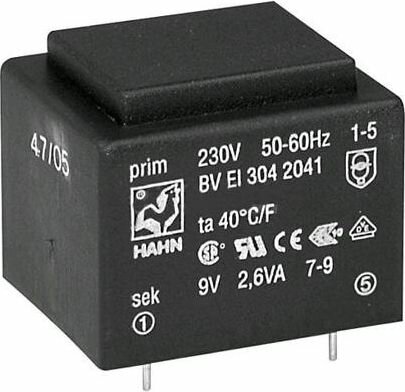 Трансформатор HAHN BVEI3042081 залитый 2,1ВА 230ВAC 9В 210мА Монтаж PCВ 99г 1 шт