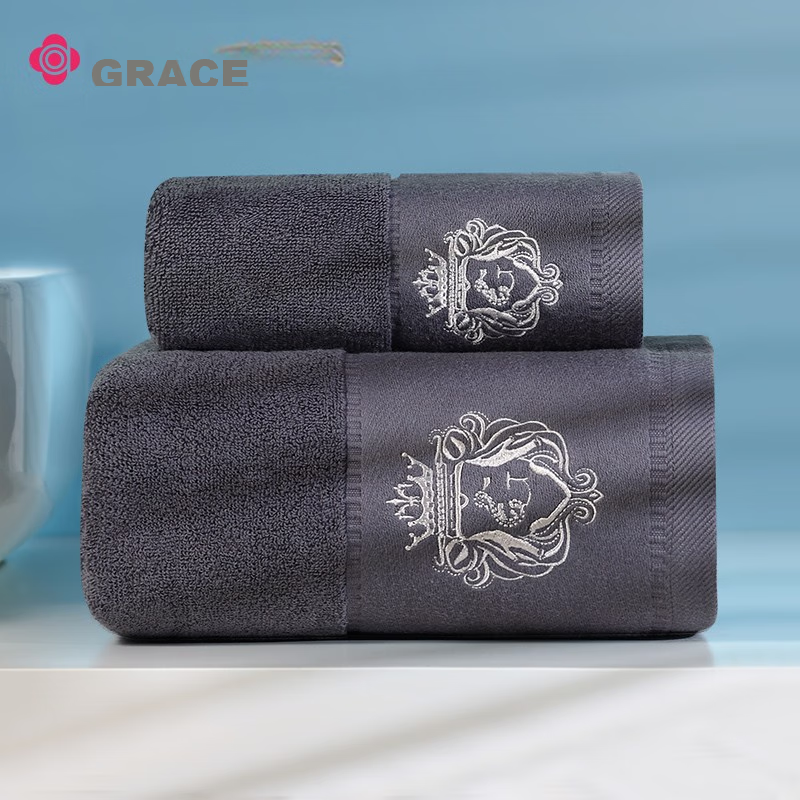 Grace Hotel Bath Towel Set for Home Use： 1 Pure Cotton Bath Towel + 1 Towel, Soft Absorbent All-Cotton Embroidered Wrap Towel, Dark Gray