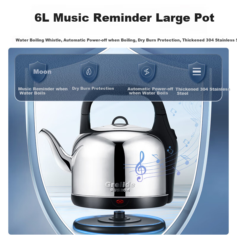 Grelide Electric Kettle Household Thickened 304 Stainless Steel 6L Large Capacity Music Reminder Hot Water Kettle Water Heater Automatic Power-off 160M