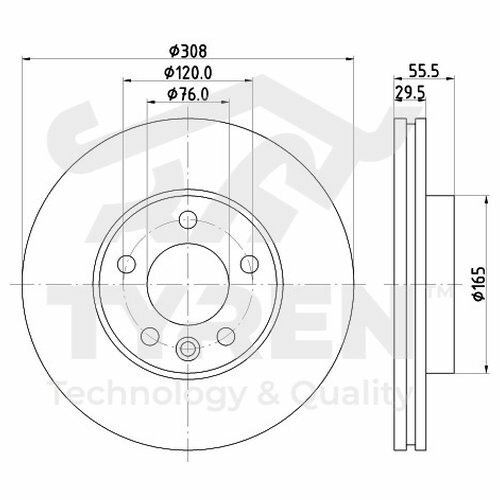 Диск тормозной, передний, Volkswagen Touareg I 02>, Transporter (T5, T6) 03>, Multivan (T5, T6) 03> 7E0615301D ; 7H0615301D TYREN TYR1023561