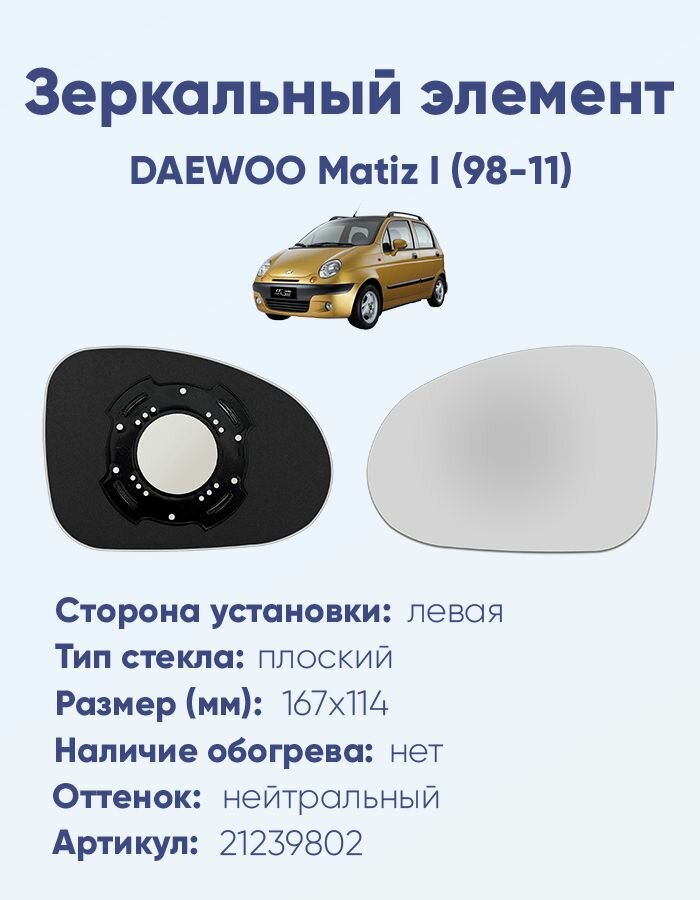 Зеркальный элемент левый DAEWOO Matiz I (98-11) плоский нейтральный без обогрева