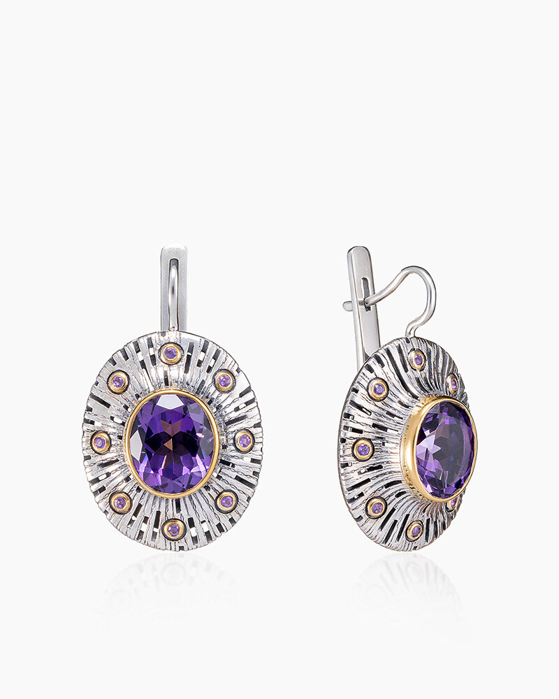 Серьги SARKISSIAN, серебро, 925 проба, золочение, чернение, аметист