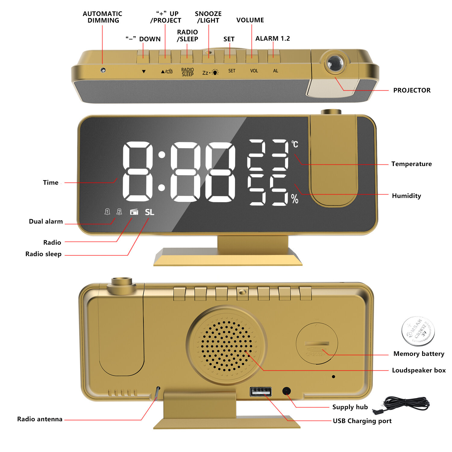 Mutil Color LED Digital Smart Alarm Clock Электронные настольные часы USB Wake Up Clock с 180-градусной проекцией времени Snooze