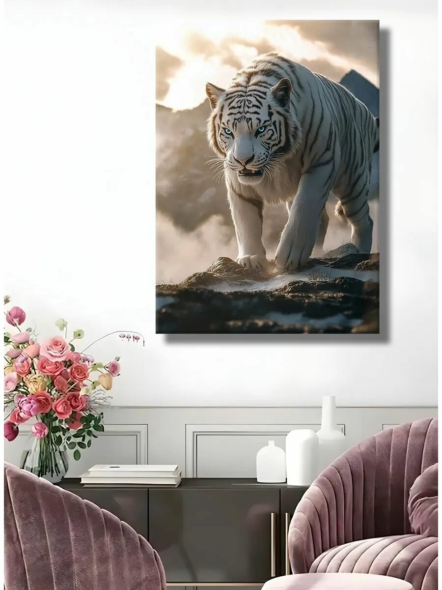 Картина "Белый тигр", интерьерная 50х70см 1шт, на деревянном подрамнике