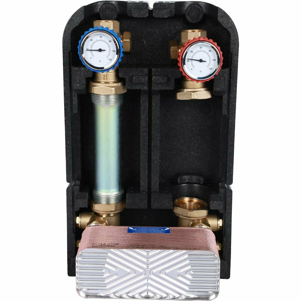 Насосная группа 1" / 1 1/2" с теплообменником 34 пластины, STOUT без насоса в теплоизоляции