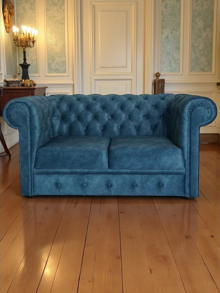 Диван прямой нераскладной Честер, КРЕСЛОВЪ33, 2-х местный, велюр Lambre 13 синий, 165х85х75 см