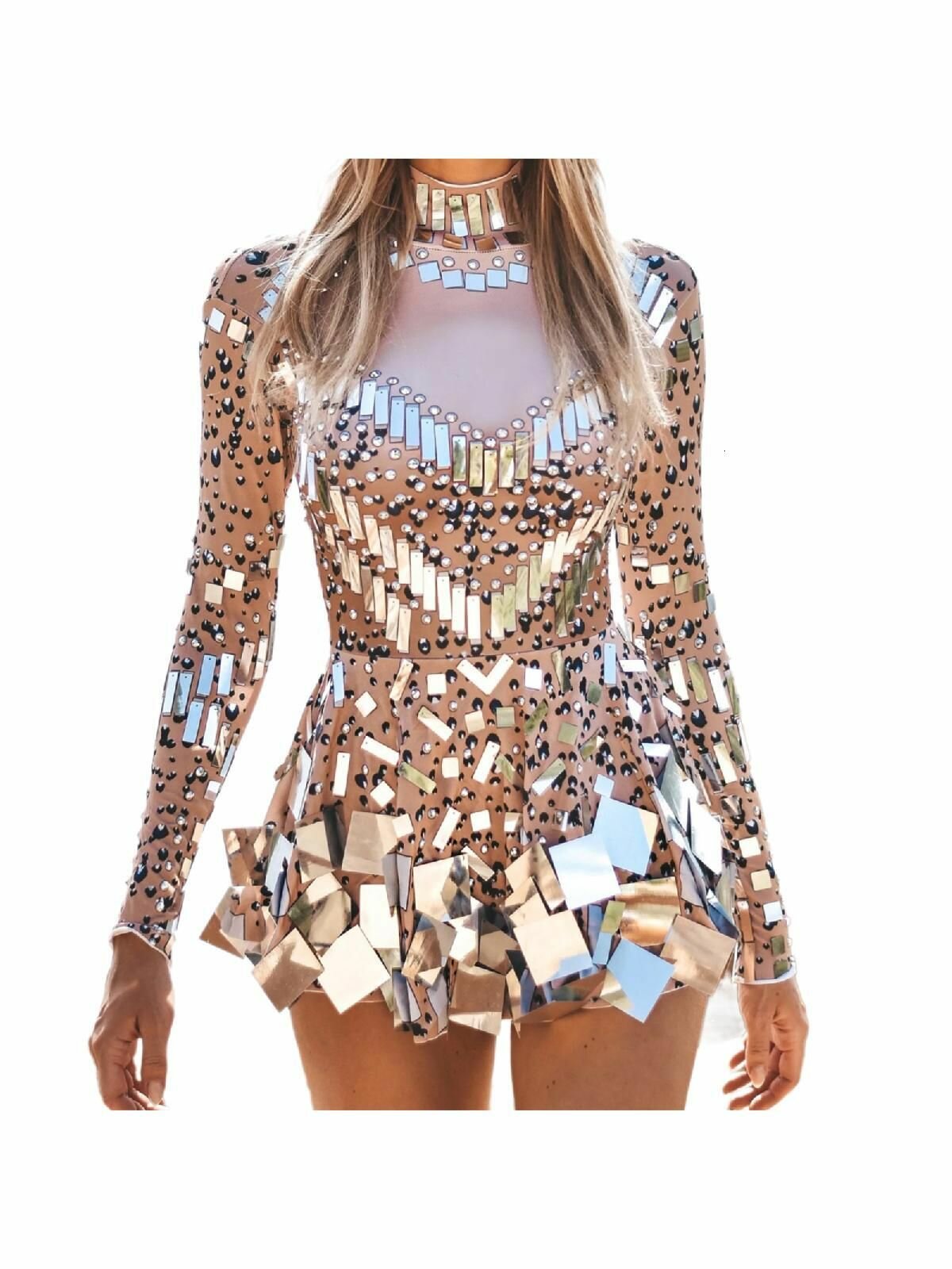 Блестящее платье с пайетками, Коричневый - S