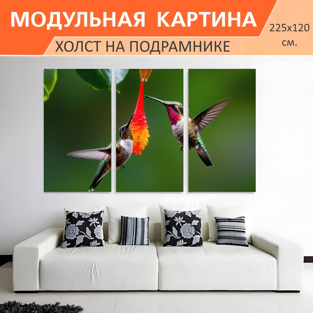 Модульная картина на холсте "С необычным цветком колибри птицы" триптих на подрамнике 225х120 см. для интерьера