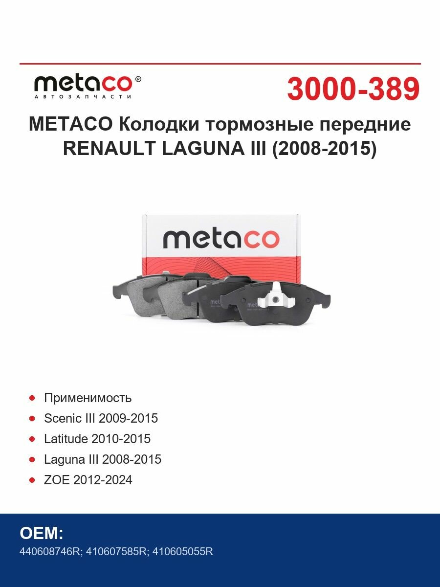 METACO Колодки тормозные передние RENAULT LAGUNA III (2008-2015)