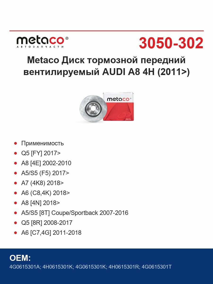 Metaco Диски тормозные передний вентилируемый AUDI A8 4H (2011>)