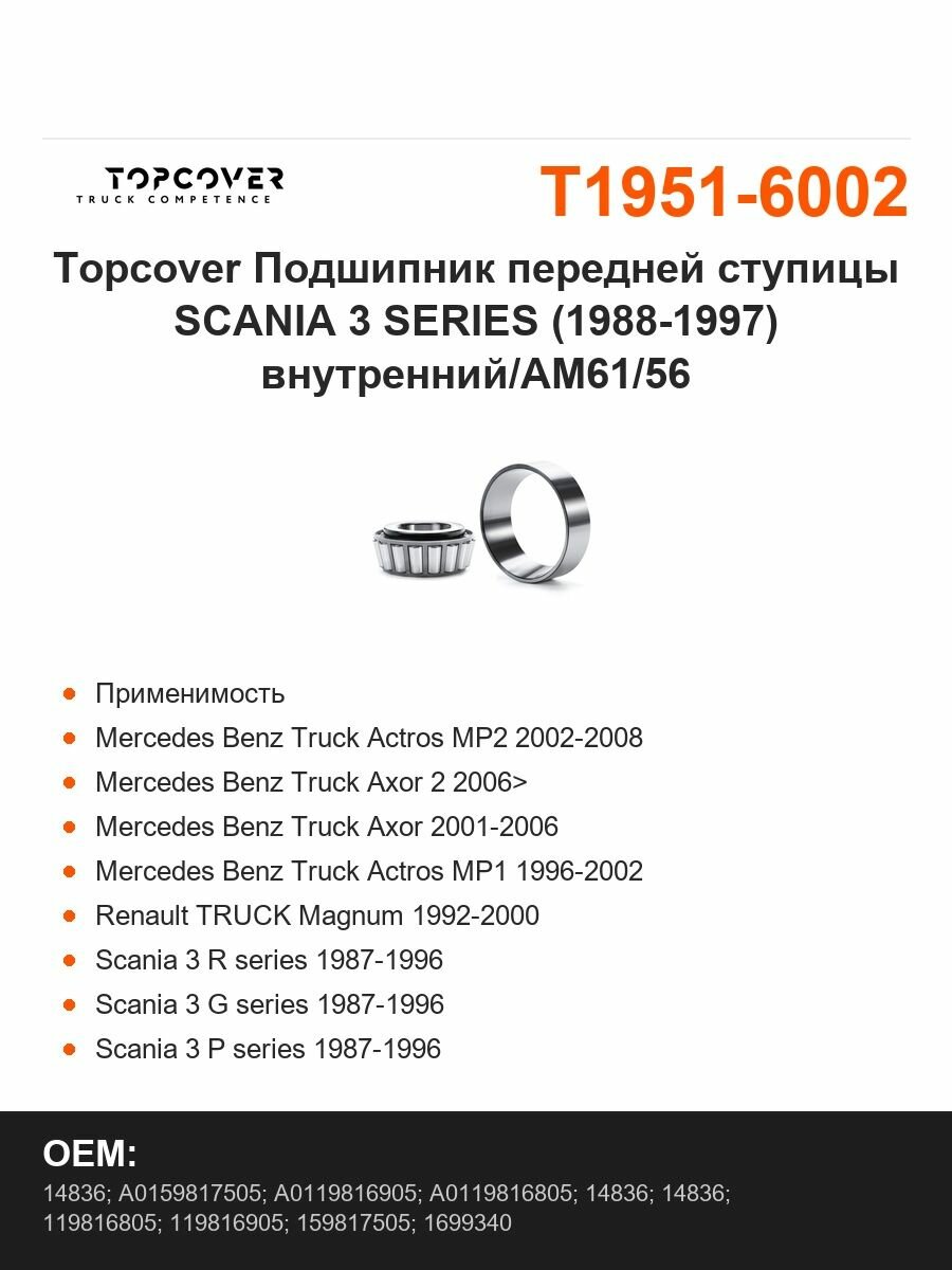 Topcover Подшипник передней ступицы SCANIA 3 SERIES (1988-1997) внутренний/AM61/56