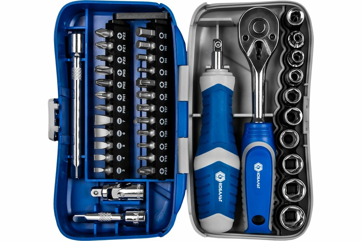 Кобальт Набор бит и головок с трещоткой 39 пр, CR-V (24 биты, 9 головок, трещотка, отв. рук, 2 удл, шарнир, держ. бит), кейс+блист. 915-083