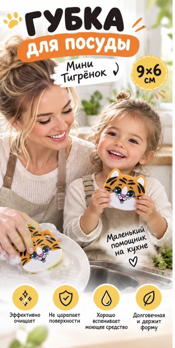 Губка детская для посуды Тигрёнок 9х6 , 1 шт