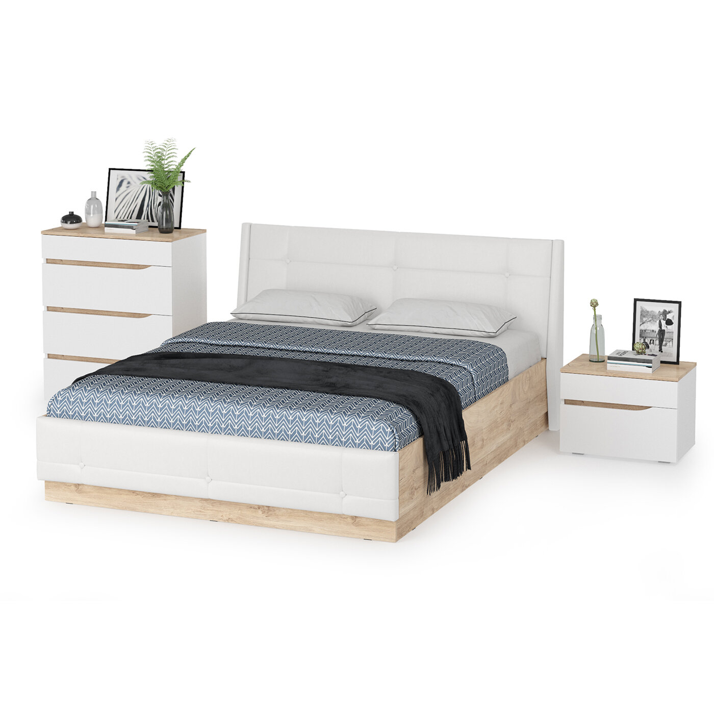 Комплект Кровать Муссон 1600 .28 + подъёмный ортопед + Тумба 6.0 + Комод .97 белый/дуб эндгрейн элегантный/кожзам белый