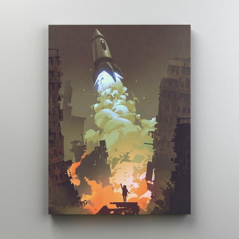 Интерьерная картина на холсте "Запуск ракеты в развалинах" размер 22x30 см