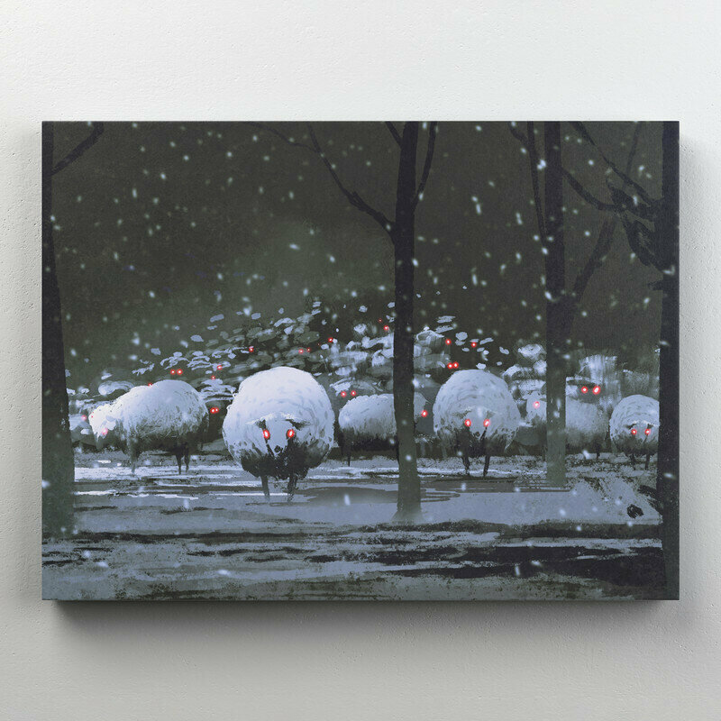 Интерьерная картина на холсте "Арт - пастбище овец с красными глазами" размер 30x22 см