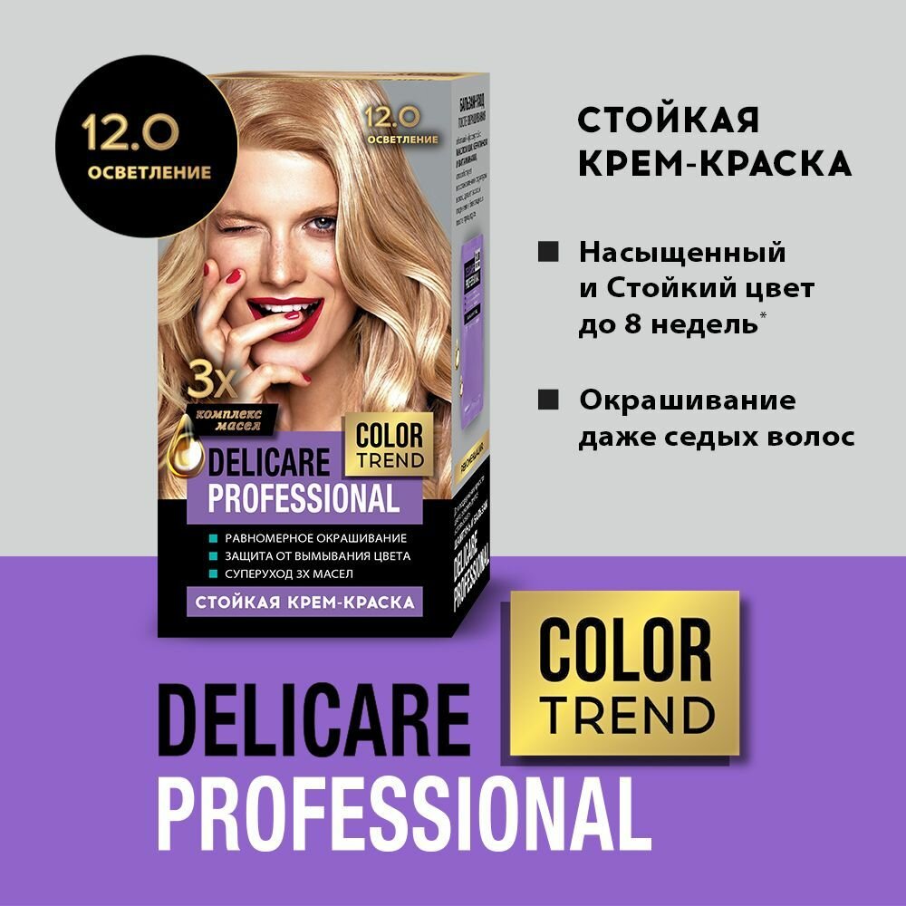 Стойкая крем - краска для волос Delicare Professional Color Trend 12.0 Осветление