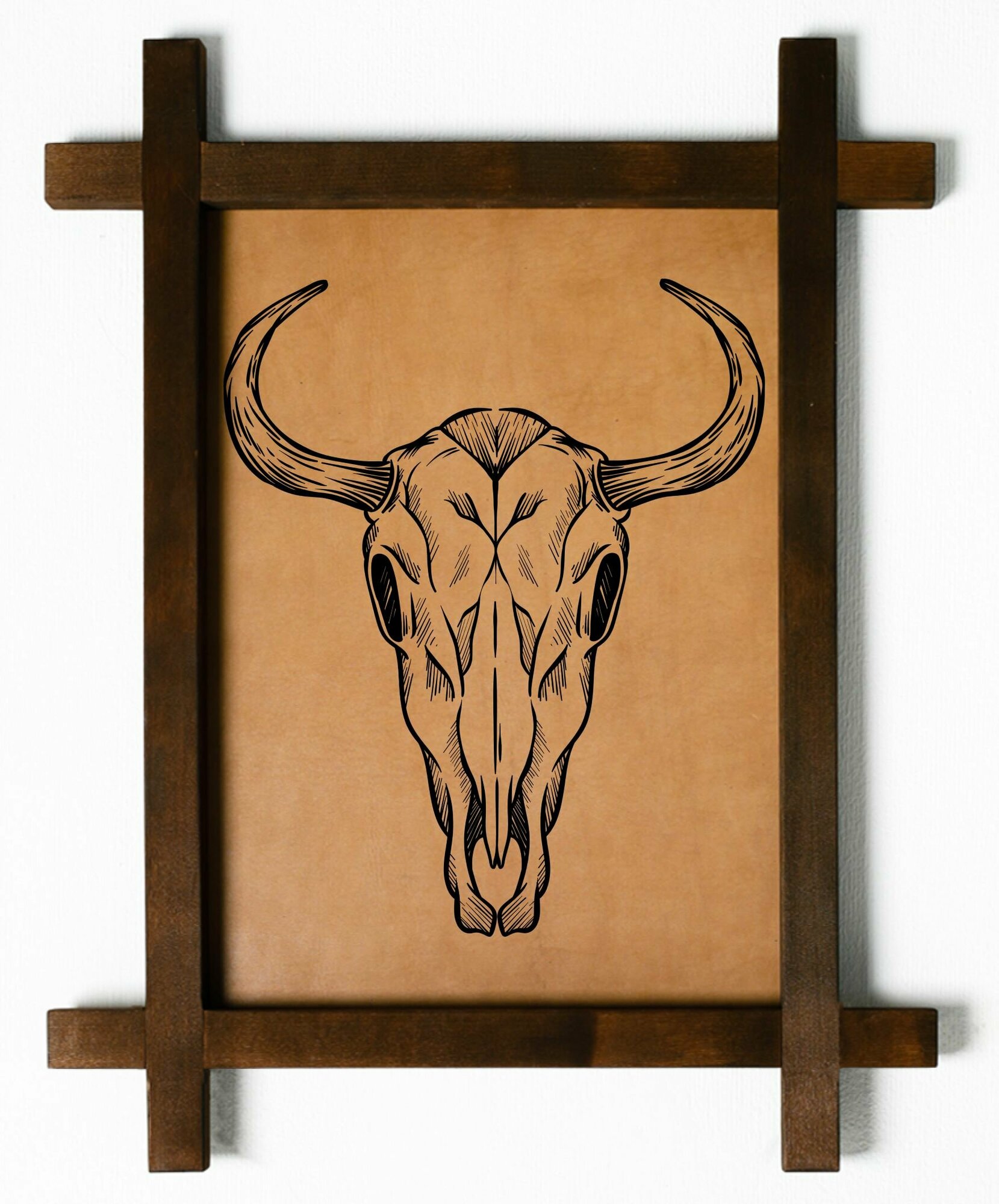 Интерьерная картина из натуральной кожи "Череп быка", декоративное настенное панно в деревянной раме, BoomGift