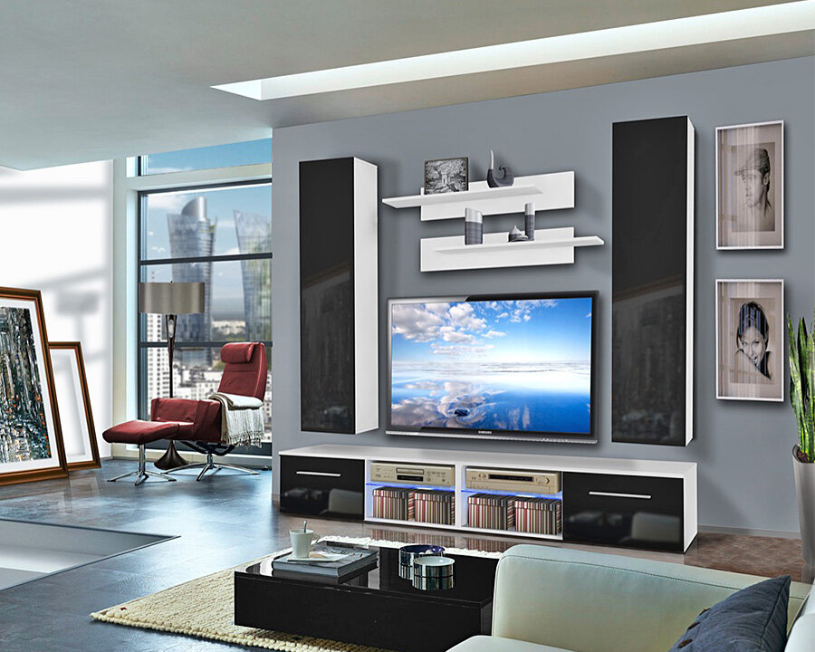 Гостиная 14 МДФ (черная) / Белый Фасадный 0101 NEW 120x45x210 см, черный, белый фасадный GOODFORM