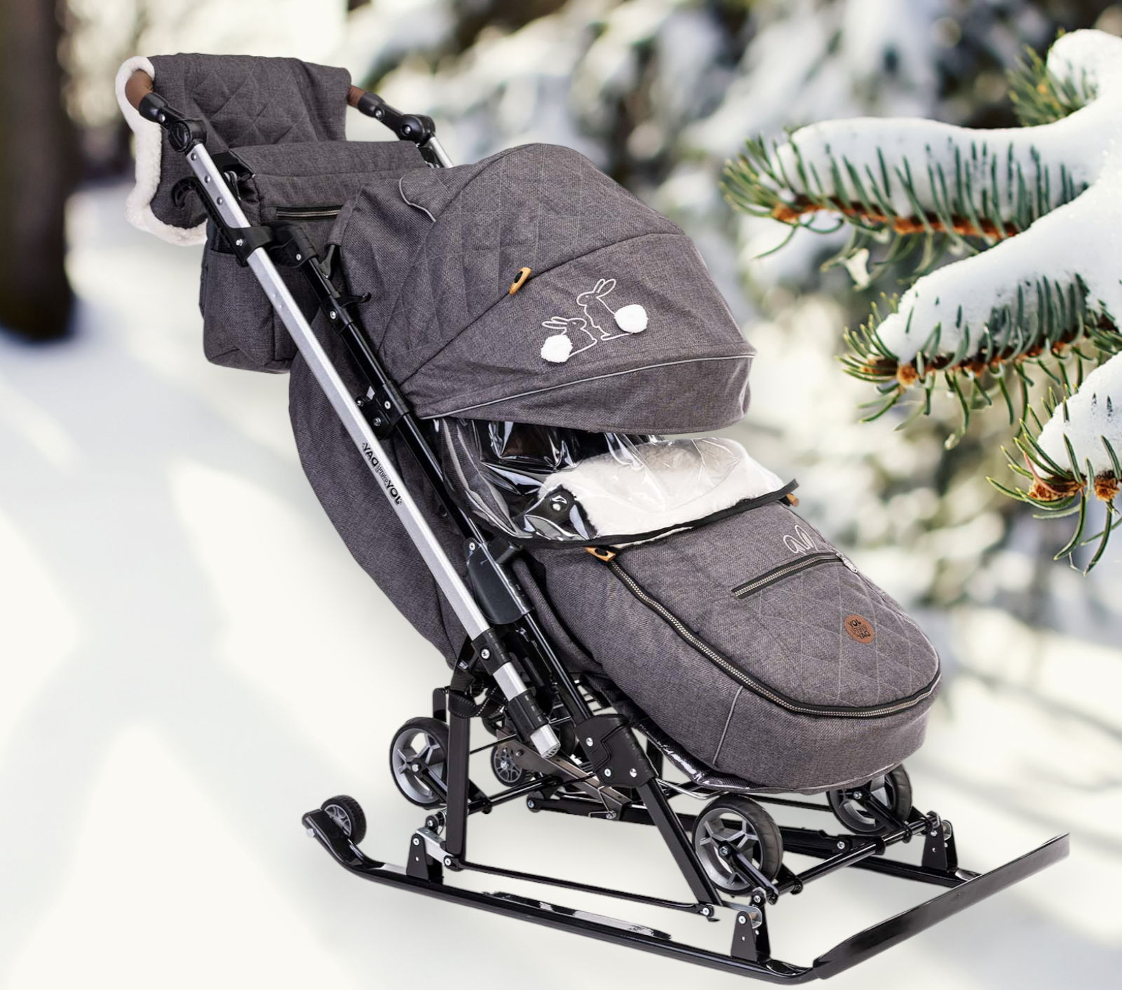 Санки-коляска комбинированная Nika Joy every day ORIGINAL, серая с кроликами