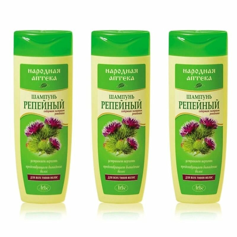 Iris cosmetic Шампунь Репейный, Народная аптека, для всех типов волос, 400 мл, 3 шт.