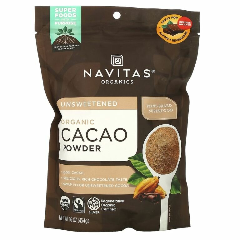 Navitas Organics, Органический какао-порошок без сахара, Organic Cacao Powder, 454 г