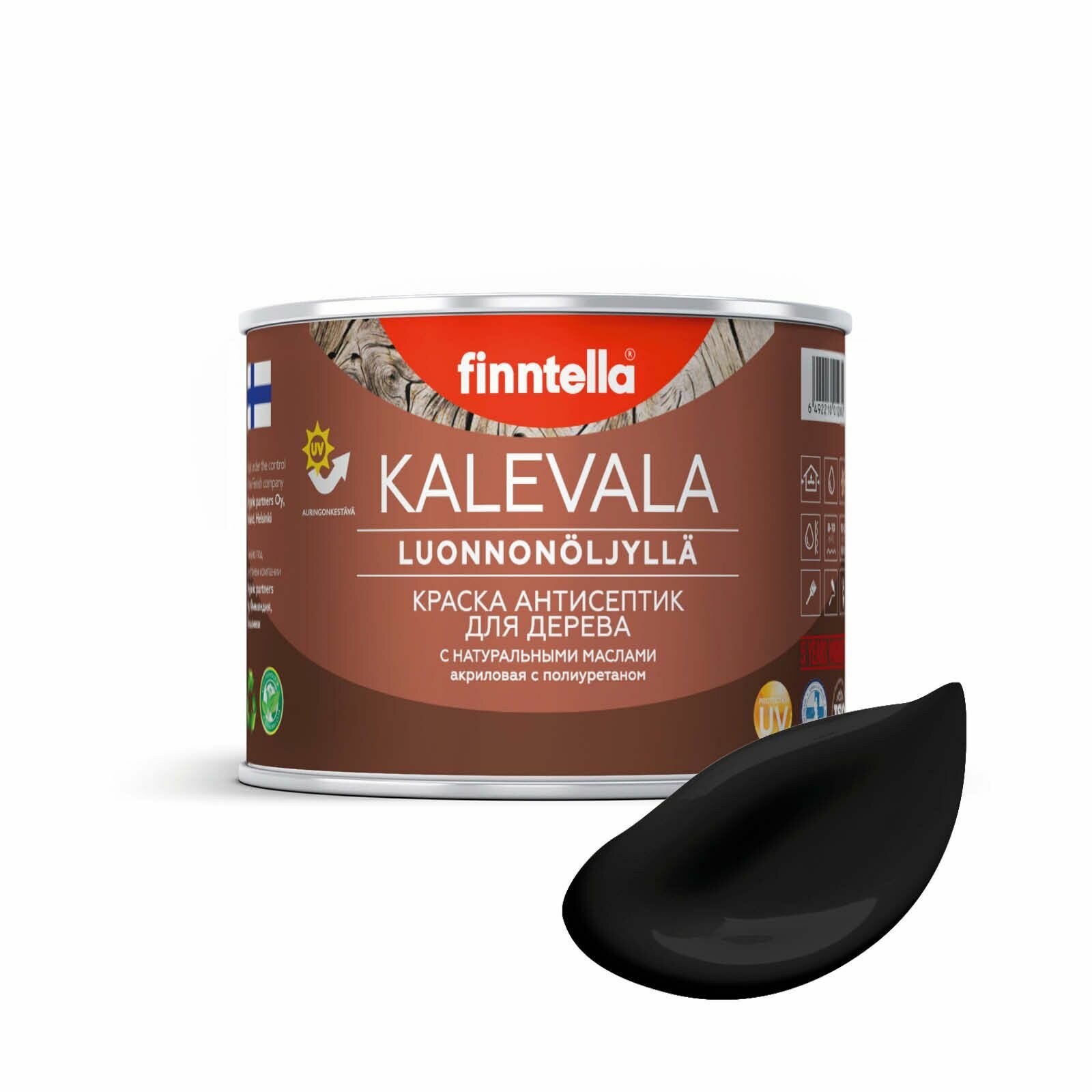 Краска для дерева и деревянных фасадов FINNTELLA KALEVALA, с натуральным маслом и полиуретаном, MUSTA черный, 0,45л
