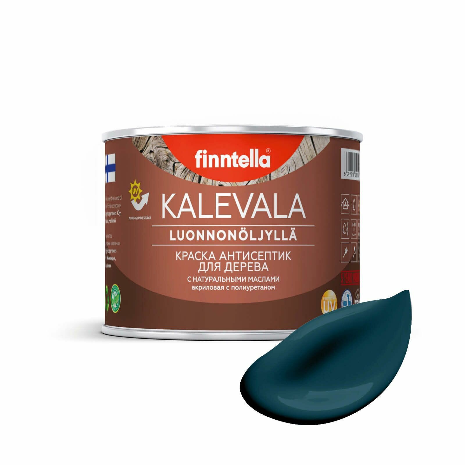 Краска для дерева и деревянных фасадов FINNTELLA KALEVALA, с натуральным маслом и полиуретаном, цвет VALTAMERI (темно-бирюзовый) , 0,45л