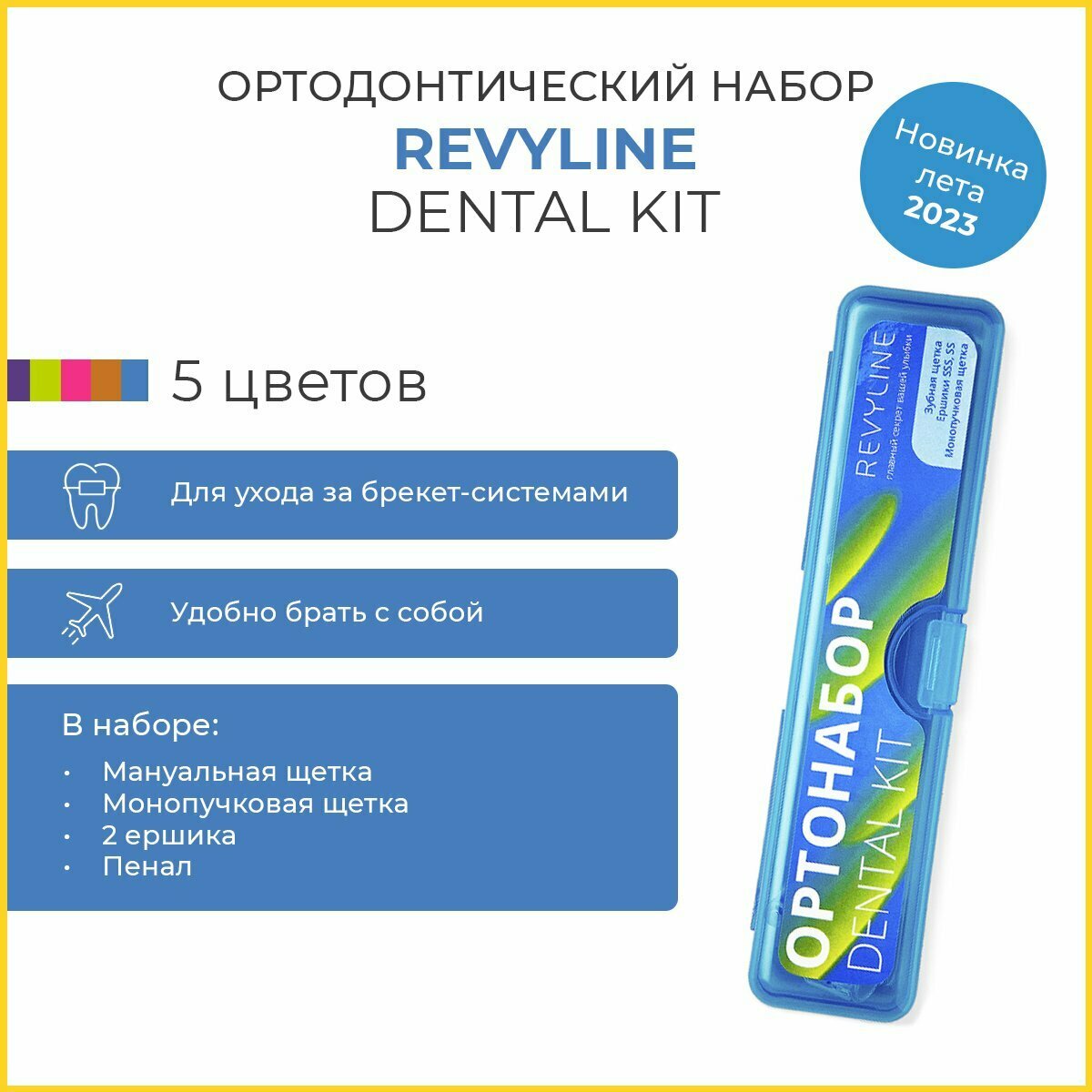Ортодонтический набор для ухода Revyline Dental Kit, для брекетов, в футляре голубой