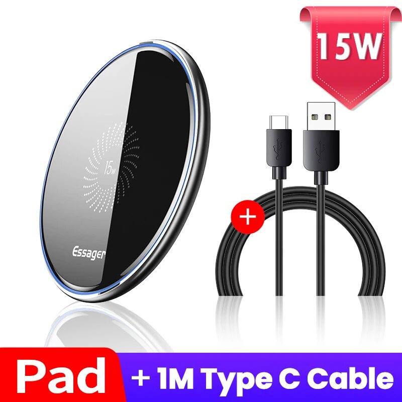 Беспроводное зарядное устройство Essager 15 Вт Qi, индукционная панель для 15W Black With Cable