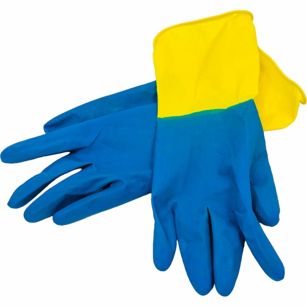 Хозяйственные латексные перчатки Komfi биколор L, синий+желтый 120786