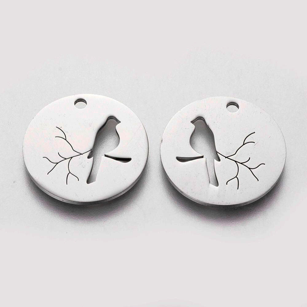 Подвеска, 20х1мм, медальон Птичка на ветке, базовый материал - нержавеющая сталь, без покрытия, 2 шт.