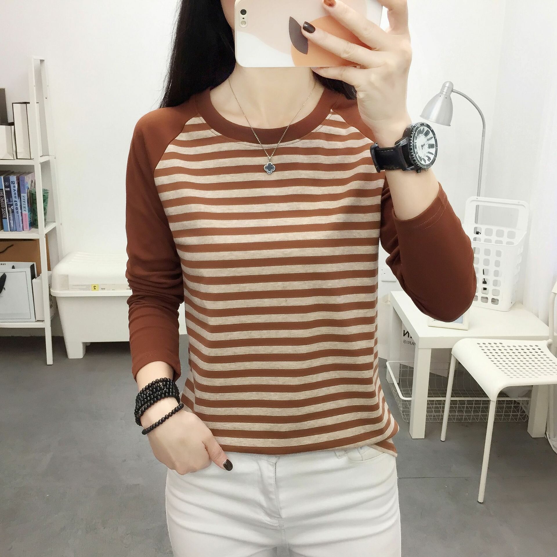 Футболка с длинным рукавом из хлопка свободного кроя для женщин, весенний европейский и американский стиль, базовая футболка, пэчворк, универсальный полосатый топ