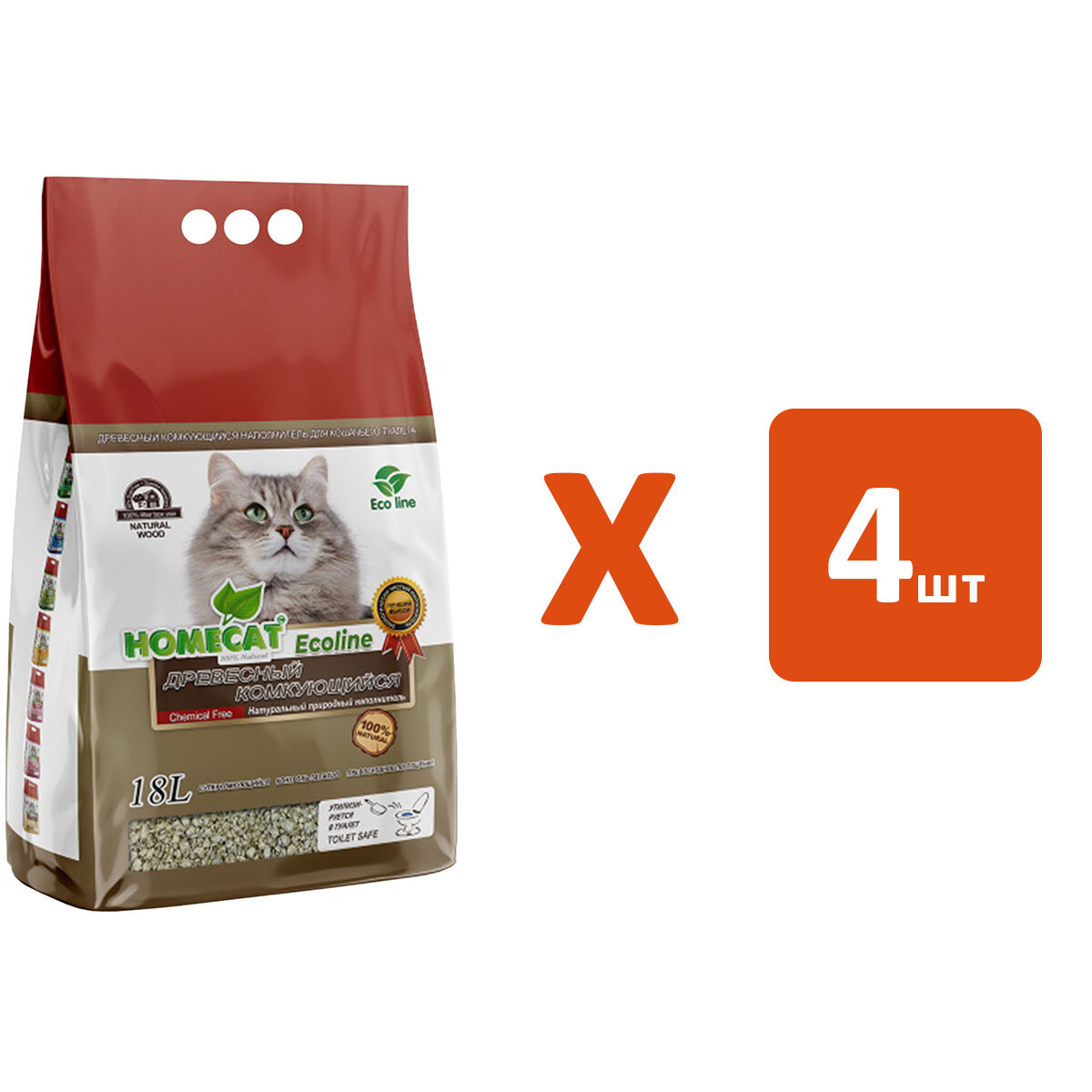 HOMECAT эколайн наполнитель древесный комкующийся для туалета кошек (18 л х 4 шт)