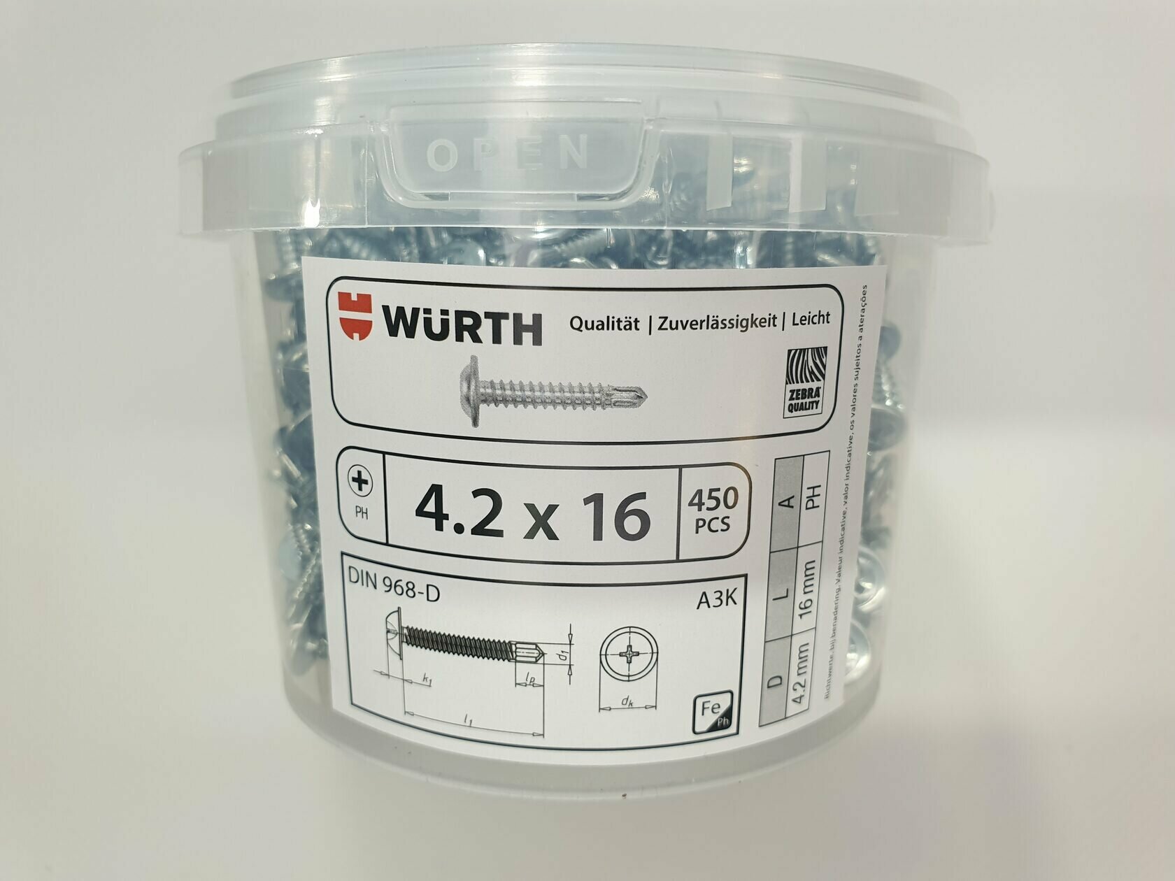 Саморез по металлу DIN 968-D 4.2x16 PH A3K (450 pcs) WURTH, Германия