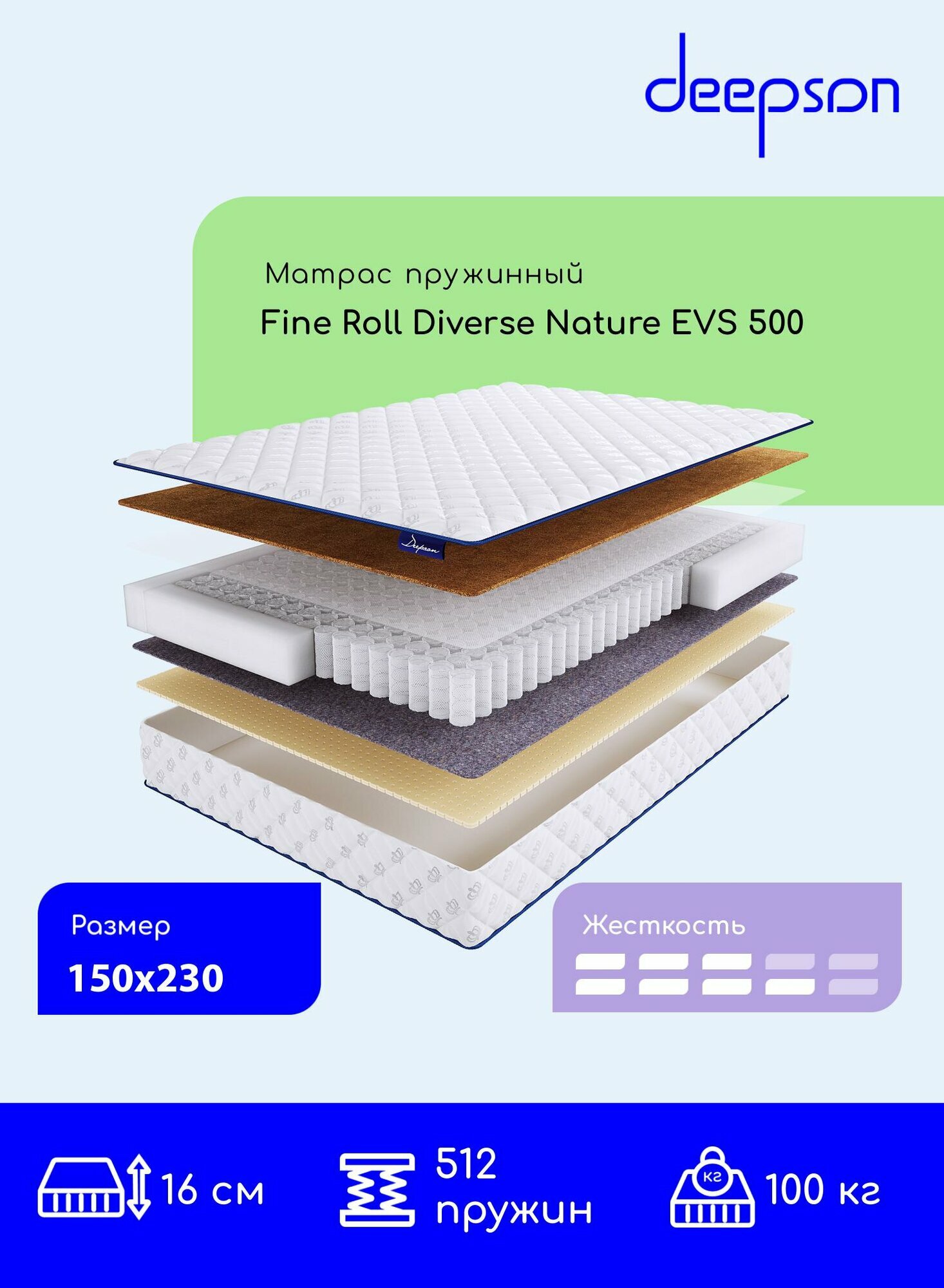Матрас 150x230 ортопедический независимые пружины Deepson Fine Roll Diverse Nature EVS 500