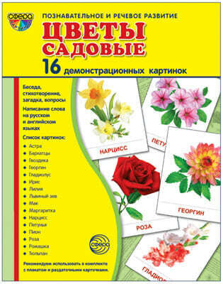 Демонстрационные картинки супер. Цветы садовые. 16 демонстрационных картинок с текстом