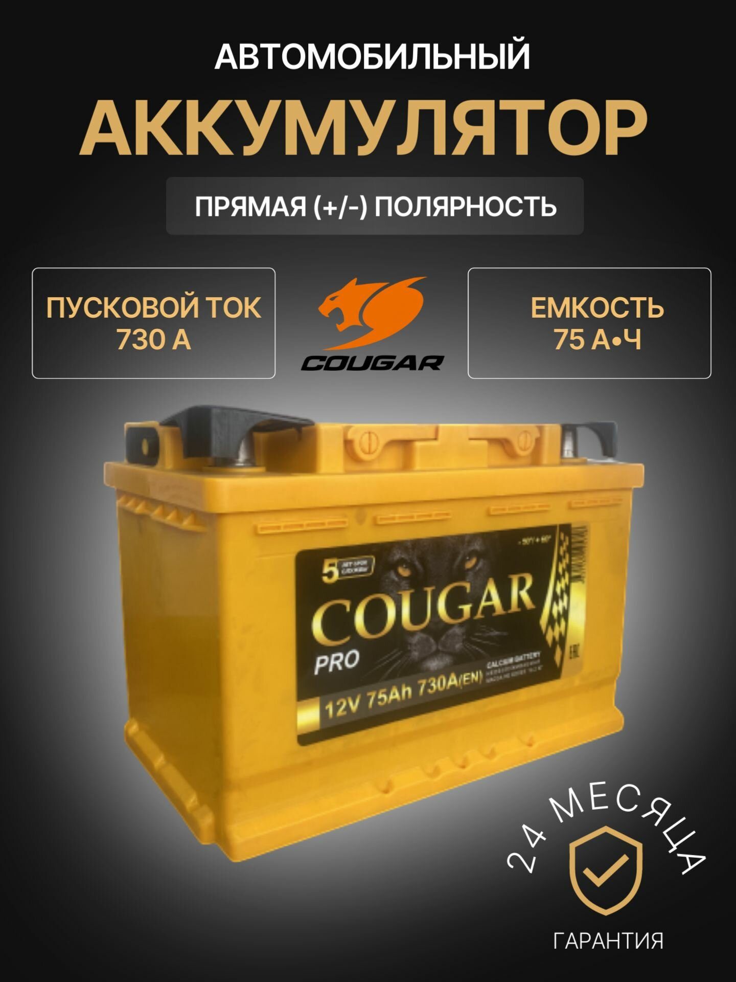 Аккумулятор автомобильный Cougar PRO L+ 12В 75Ач 730А