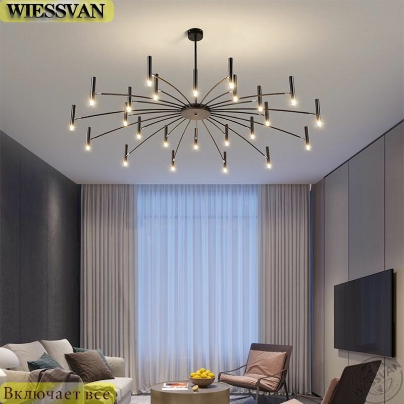 Современная кованая подвесная люстра - 24-рожковая светодиодная подвеска для гостиной, диаметр 130 см, черная, энергосберегающая