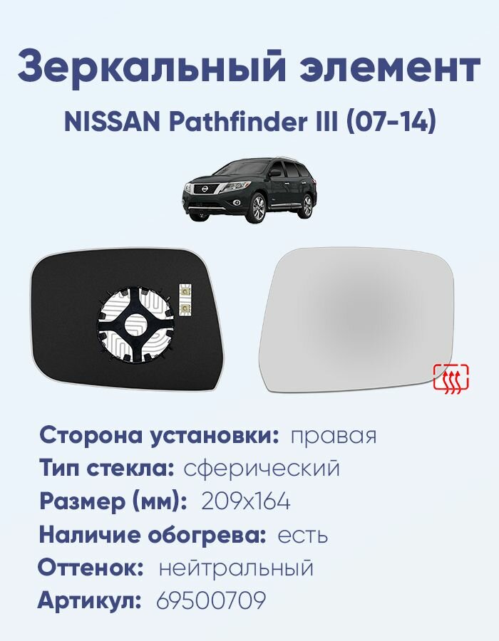 Зеркальный элемент правый NISSAN Pathfinder III (07-14) сфера нейтральный с обогревом