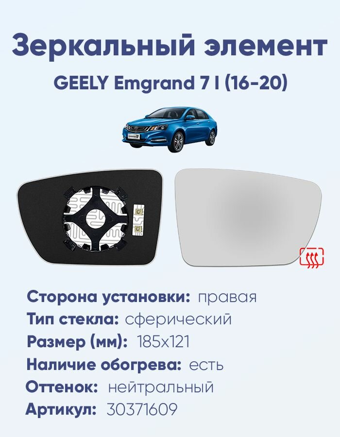 Зеркальный элемент правый GEELY Emgrand 7 I (16-20) сфера нейтральный с обогревом
